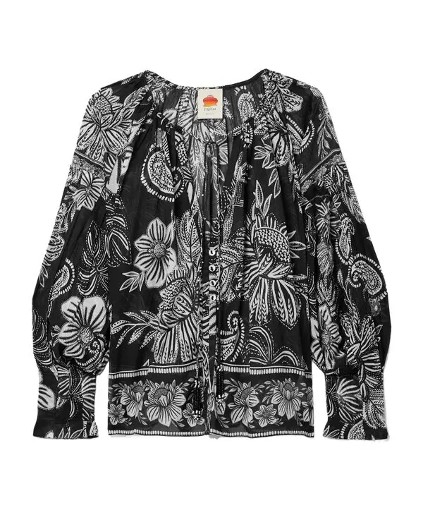 Farm Rio Tie-detailed Bead-embellished Printed Cotton-voile Blouse - Black
