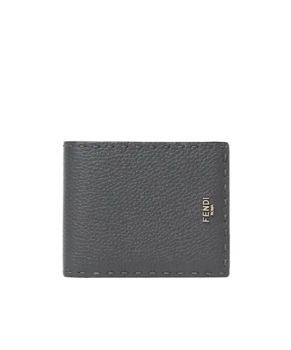 Fendi Selleria Wallet Asphalt Gray And Pink Selleria Bi-fold Wallet With 132 Hand-sewn Stitches - Grey