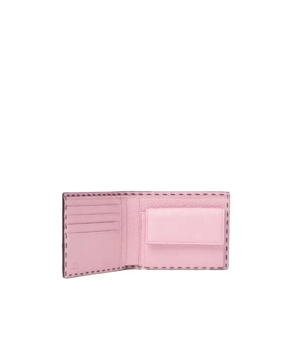 Fendi Selleria Wallet Asphalt Gray And Pink Selleria Bi-fold Wallet With 132 Hand-sewn Stitches - Grey