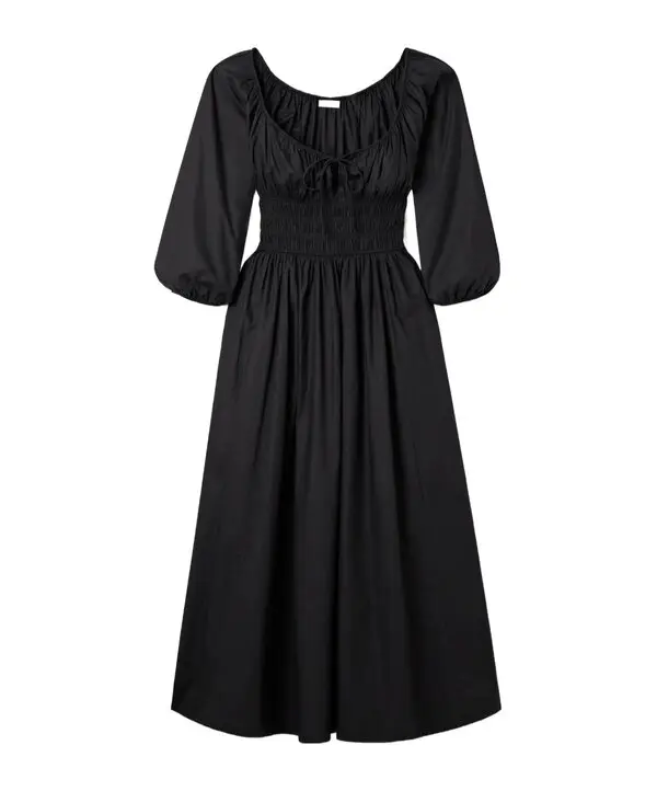 DÔEN Quintessa Tie-detailed Shirred Organic Cotton-poplin Midi Dress - Black