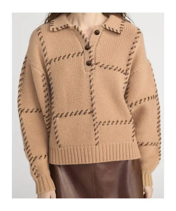 FRAME Leather Stitch Oversized Knitted Sweater - Camel
