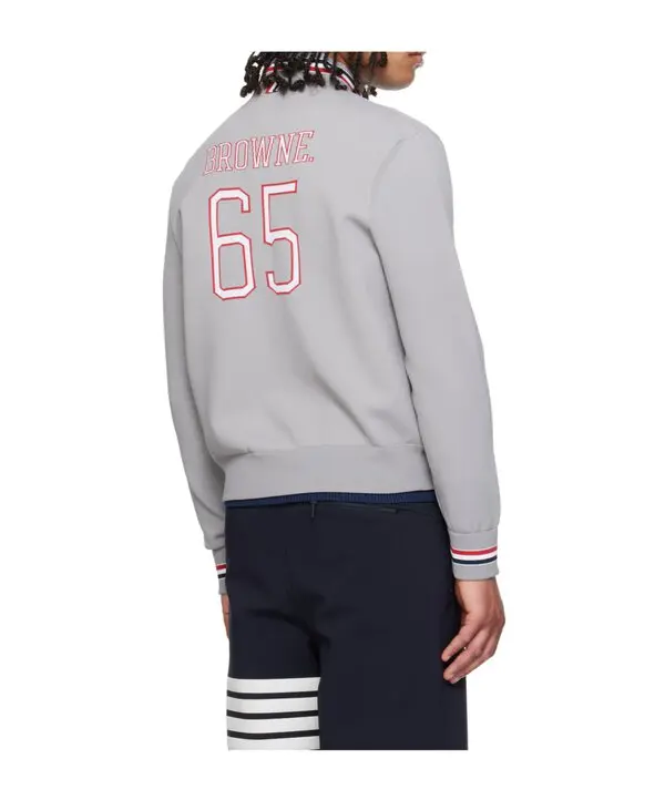 Thom Browne Ribbed Knit Bomber Jacket With Tricolor Accents - Light Gray