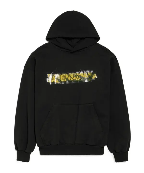 Balenciaga Logo Printed Fleece Hoodie - Black