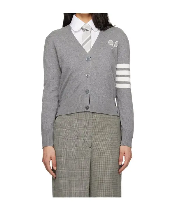 Thom Browne 4-bar V-neck Knit Cardigan - Light Gray
