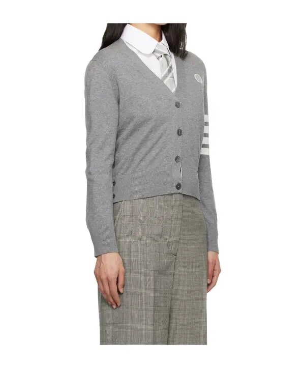 Thom Browne 4-bar V-neck Knit Cardigan - Light Gray
