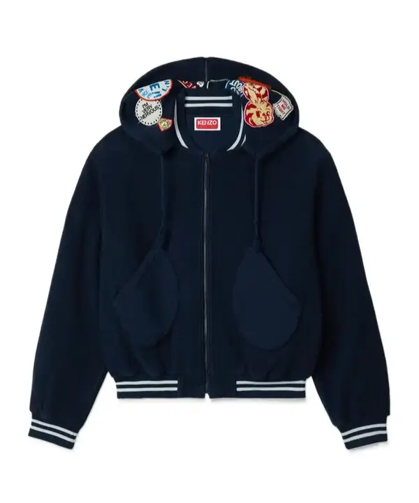 Kenzo Embroidered Badge Zip-up Hooded Jacket - Navy Blue