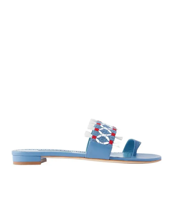 Manolo Blahnik Brava Raffia-trimmed Crocheted Leather Sandals - Blue
