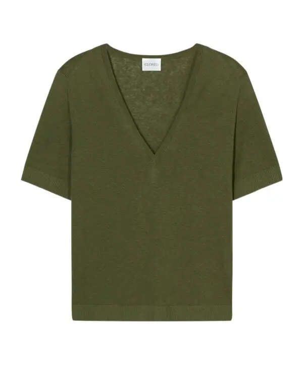 Closed V-neck Short-sleeve Sweater - Green