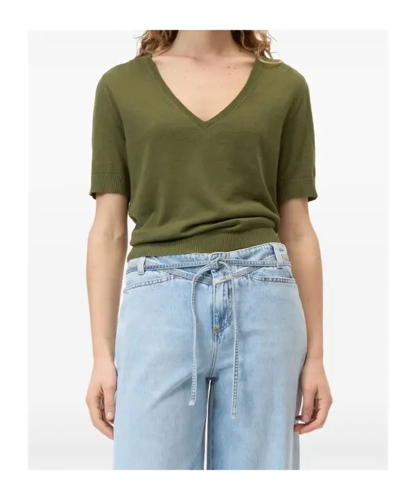 Closed V-neck Short-sleeve Sweater - Green