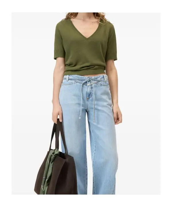 Closed V-neck Short-sleeve Sweater - Green