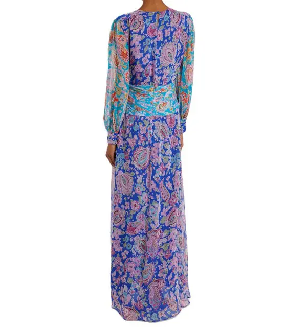 Rixo Long-sleeved V-neck Maxi Dress With Waist Tie - Blue