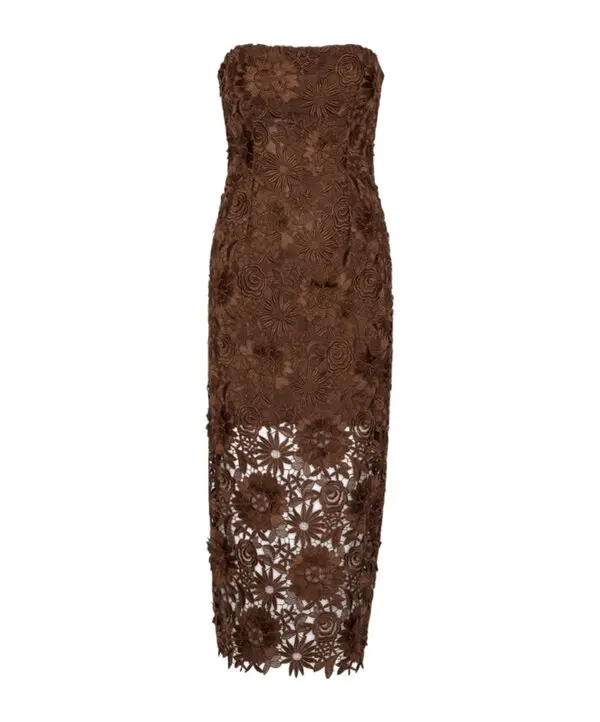 ROTATE BY BIRGER CHRISTENSEN Strapless 3d Lace Midi Dress - Dark Brown