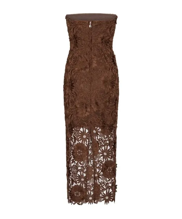 ROTATE BY BIRGER CHRISTENSEN Strapless 3d Lace Midi Dress - Dark Brown
