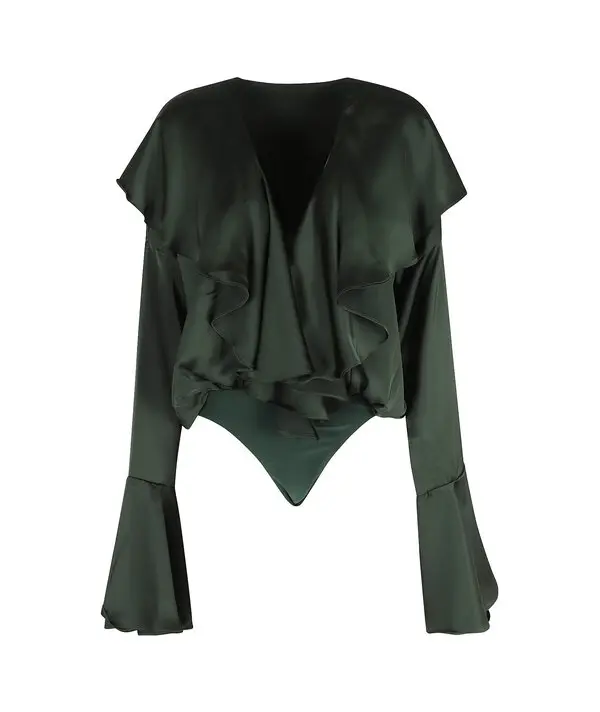 Norma Kamali Long Sleeve Deep V Ruffle Bodysuit
