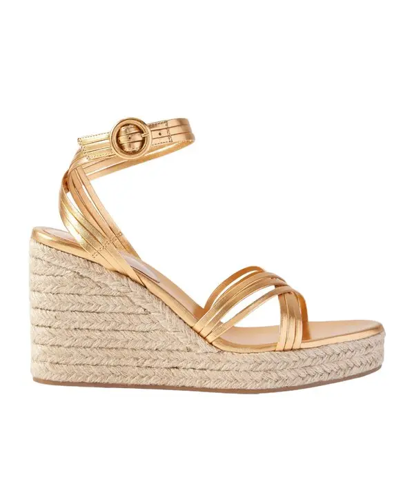 GIANVITO ROSSI Metallic Leather Espadrille Wedge Sandals - Nude
