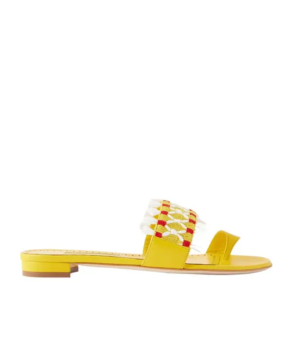 Manolo Blahnik Brava Raffia-trimmed Crocheted Leather Sandals - Yellow