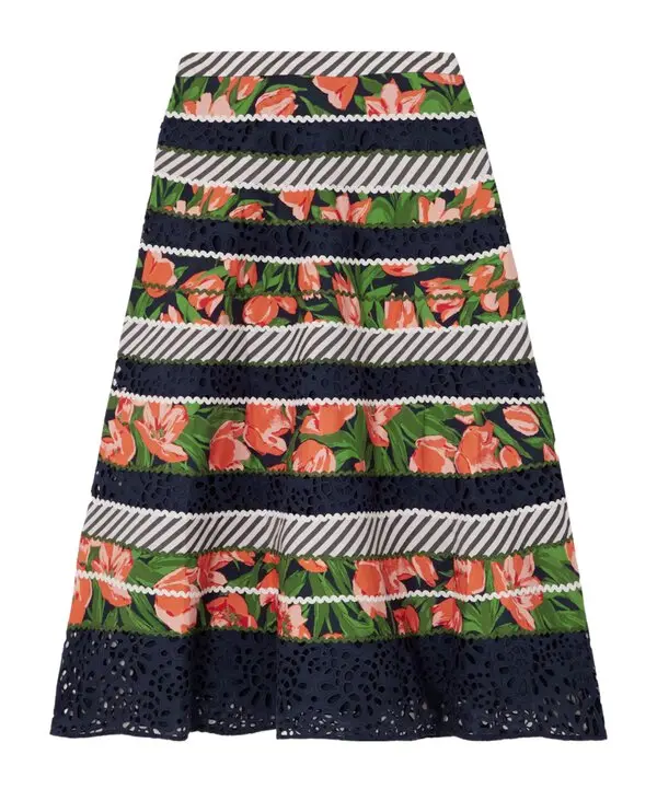 Carolina Herrera Embroidered Lace And Printed Cotton-blend Poplin Midi Skirt