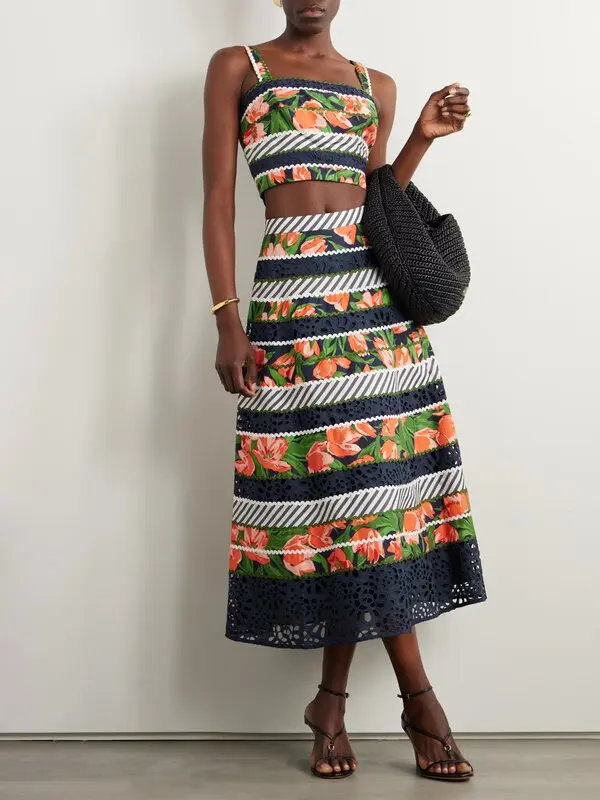 Carolina Herrera Embroidered Lace And Printed Cotton-blend Poplin Midi Skirt