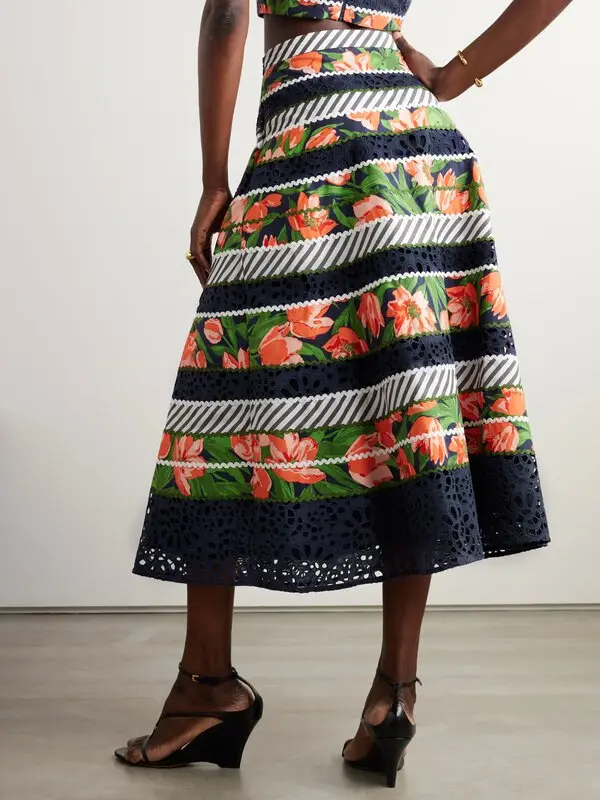 Carolina Herrera Embroidered Lace And Printed Cotton-blend Poplin Midi Skirt