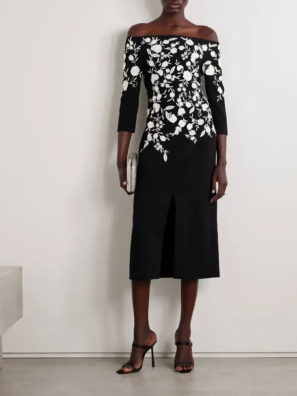 Carolina Herrera Off-shoulder Embroidered Midi Dress