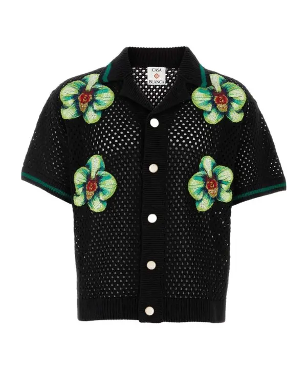 Casablanca Glitch Orchid Embroidered Crochet Shirt - Black