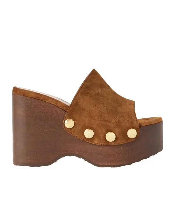 GIANVITO ROSSI Suede Studded Platform Wedge Mules - Brown