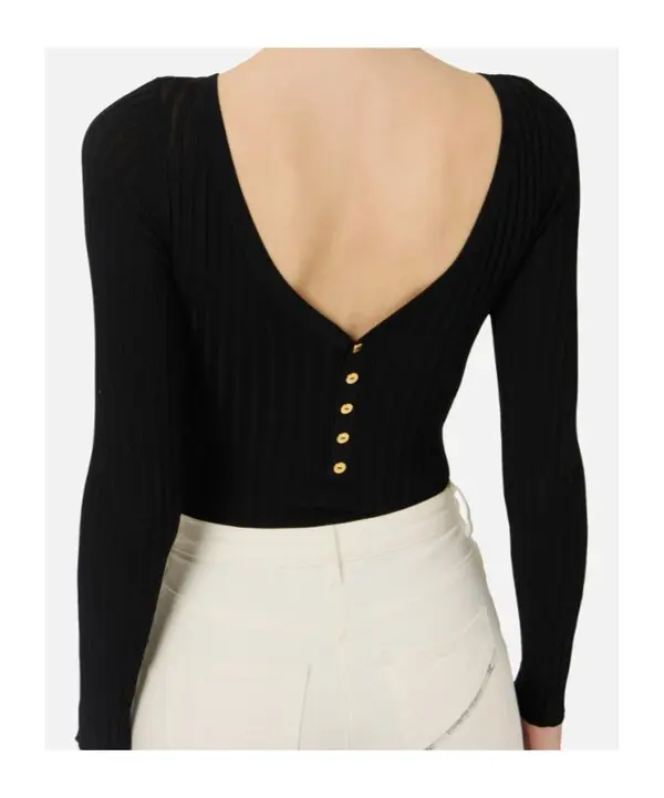 Elisabetta Franchi Ribbed Boatneck Bodysuit With Open Back And Logo Buttons - Black