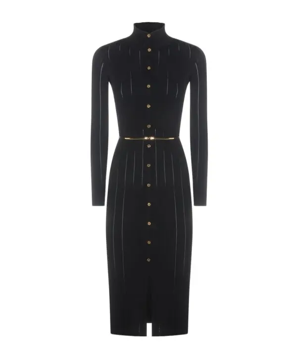 Elisabetta Franchi Openwork Knit High Neck Belted Dress - Black