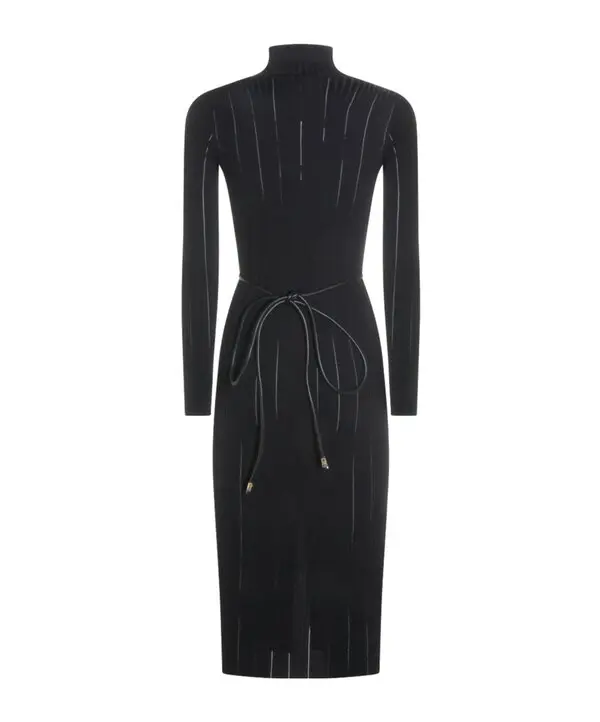 Elisabetta Franchi Openwork Knit High Neck Belted Dress - Black