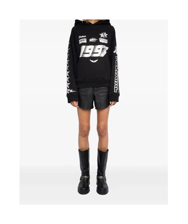 Zadig&Voltaire Long Sleeve Hooded Sweatshirt With Rhinestone Embellishments - Black