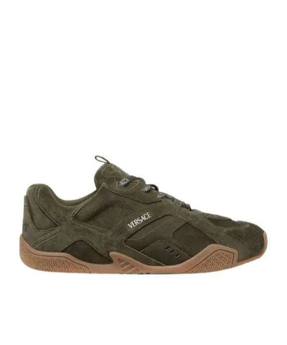Versace Round-toe Lace-up Sneakers With Greca Detailing - Khaki