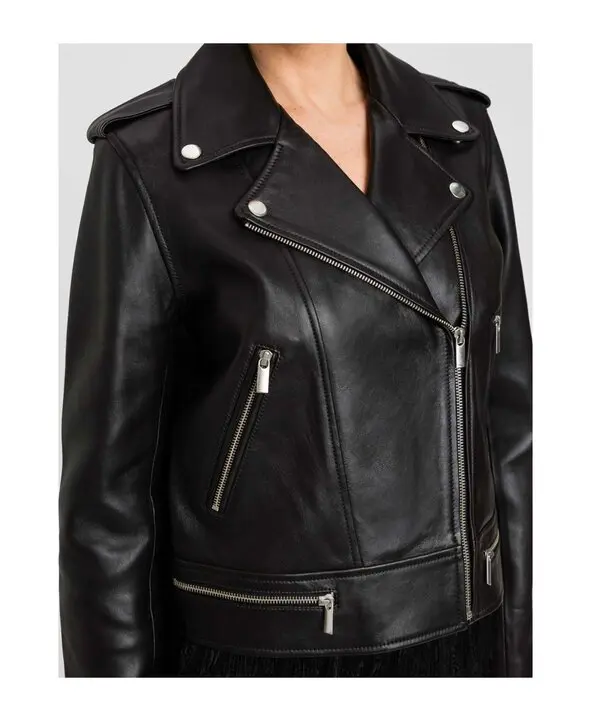 TWINSET Leather Motorcycle Jacket With Asymmetrical Zip Closure