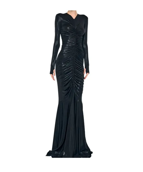 Norma Kamali Long-sleeve Ruched Fishtail Maxi Dress