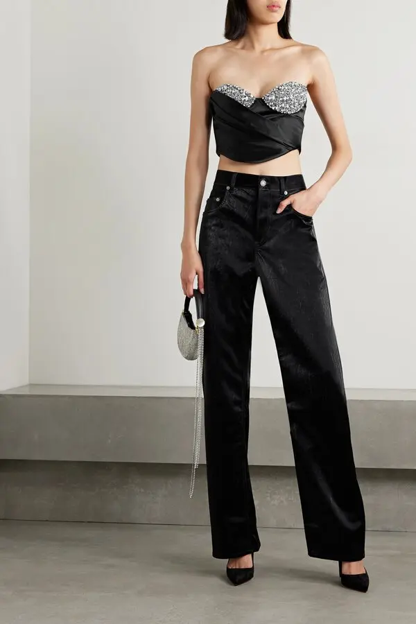 AREA Crystal-embellished Draped Satin Bustier Top
