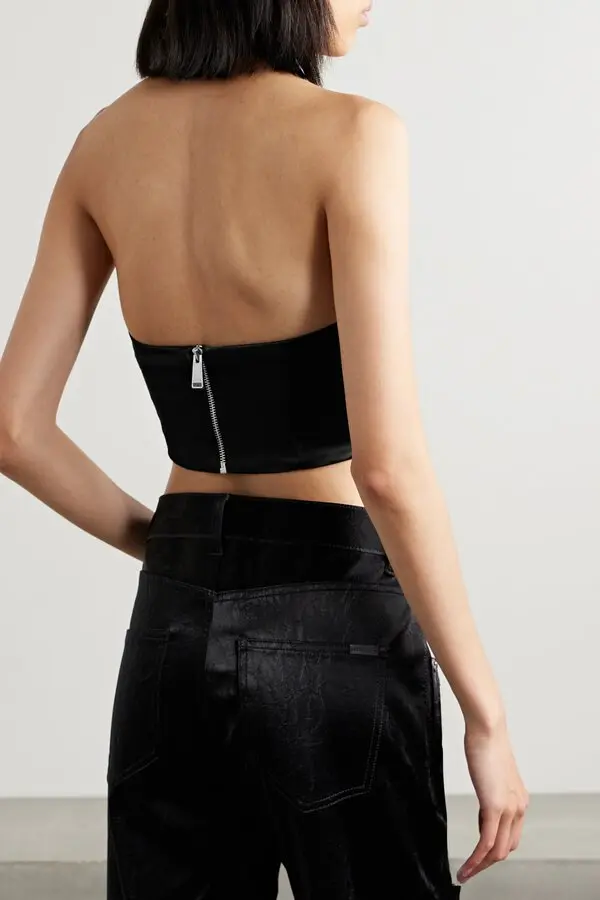 AREA Crystal-embellished Draped Satin Bustier Top