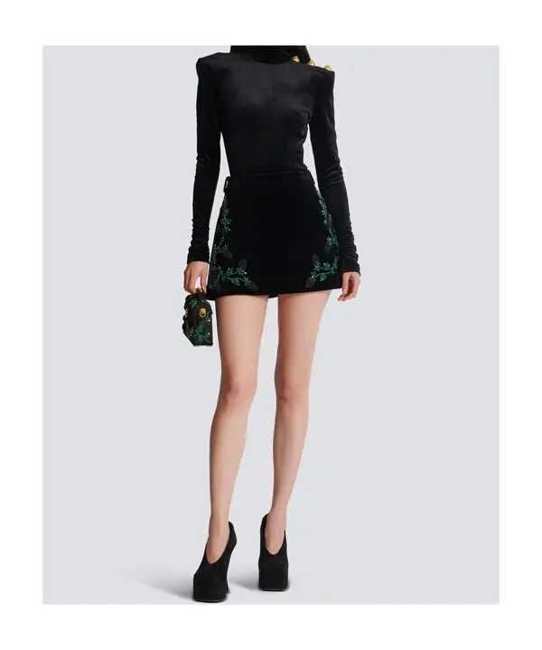 Balmain Velvet A-line Mini Skirt With Berry Embroidery