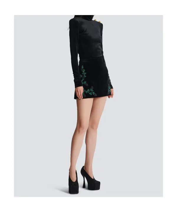 Balmain Velvet A-line Mini Skirt With Berry Embroidery