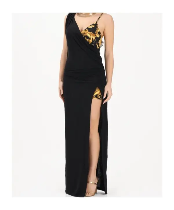 Versace One-shoulder Maxi Dress With Gold Baroque Print And Slit