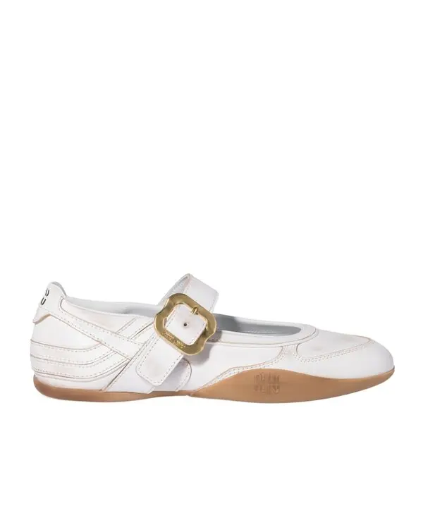 Miu Miu Gymnasium Leather Ballerinas With Strap And Buckle - White