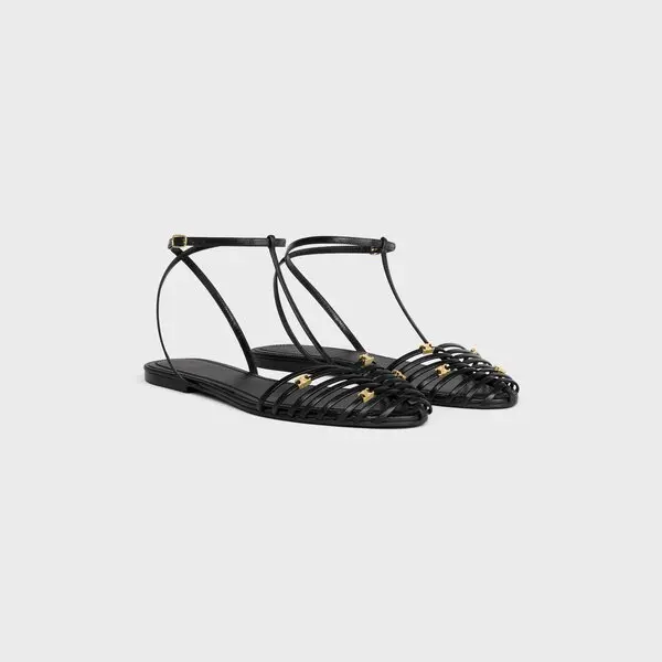 Celine Cage Flat Sandal In Goatskin - Black