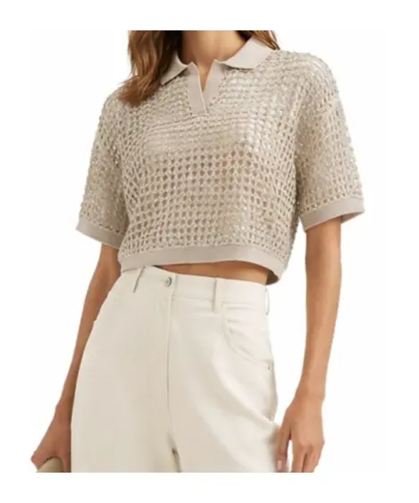 Brunello Cucinelli Sequined Openwork Polo Top - Nude