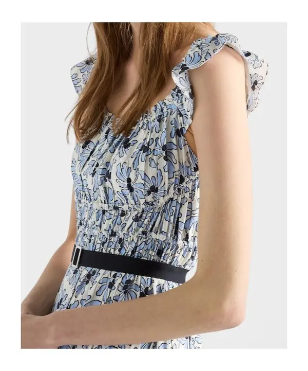 Prada Floral Print Pongé Midi Dress - Light Blue