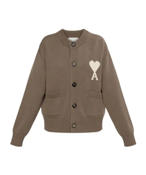 AMI Paris Long Sleeve Buttoned Cardigan With Patch Pockets - Brown