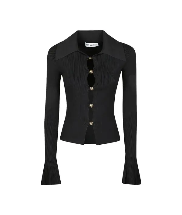 SELF-PORTRAIT Button-down Knit Top With Oversized Collar - Black