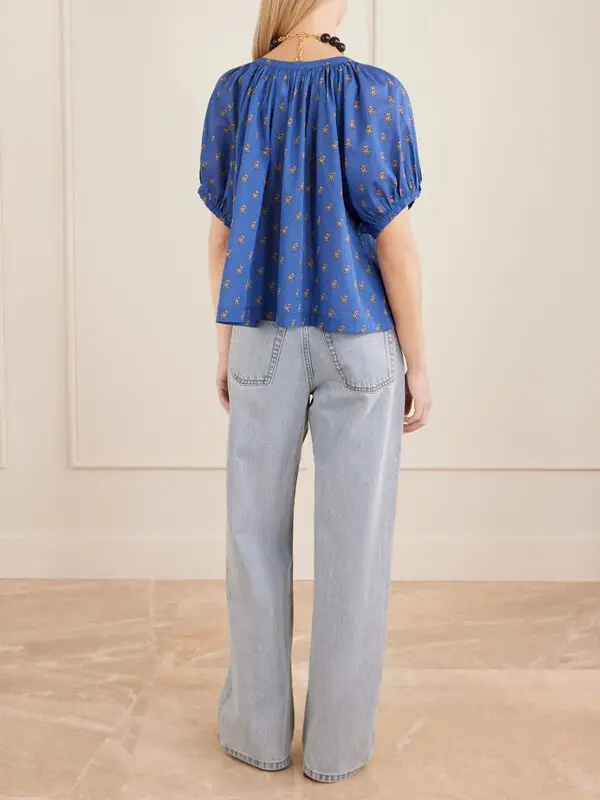 DÔEN Floral-print Puff Sleeve Blouse - Blue