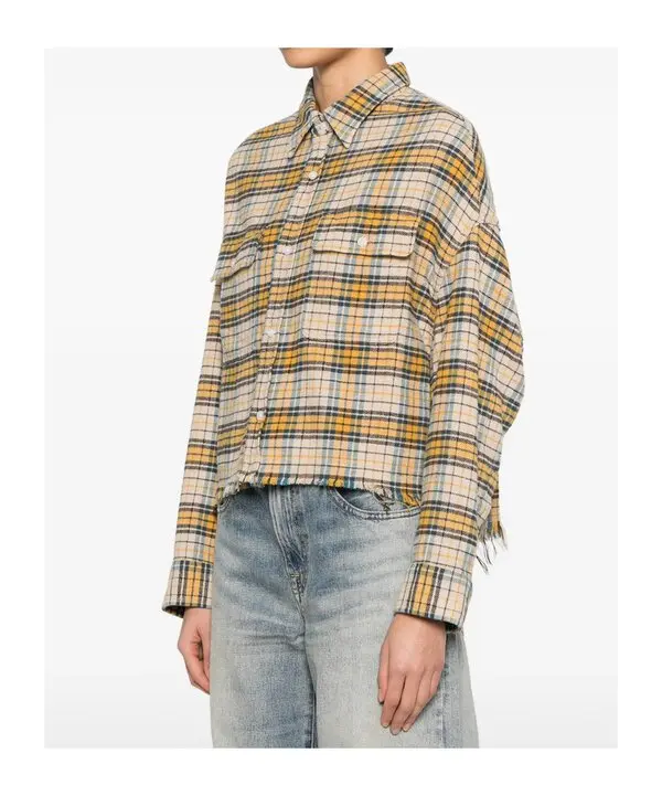R13 Plaid Long Sleeve Shirt With Frayed Hem - Yellow