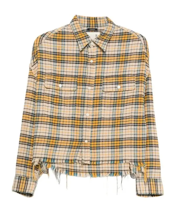 R13 Plaid Long Sleeve Shirt With Frayed Hem - Yellow