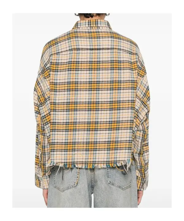 R13 Plaid Long Sleeve Shirt With Frayed Hem - Yellow