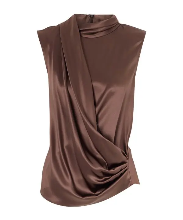 Brunello Cucinelli Sleeveless Draped Silk-blend Satin Blouse - Dark Brown