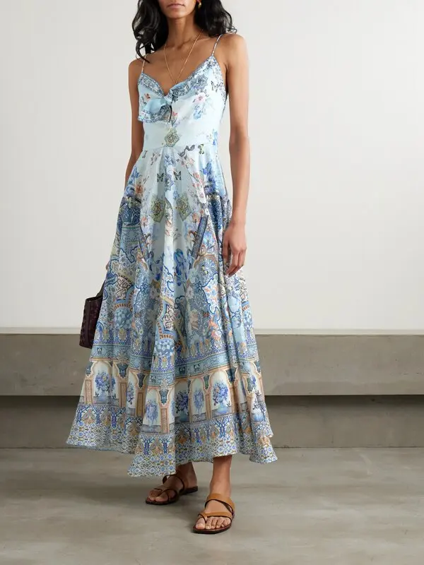 Camilla Embellished Printed Linen Midi Dress